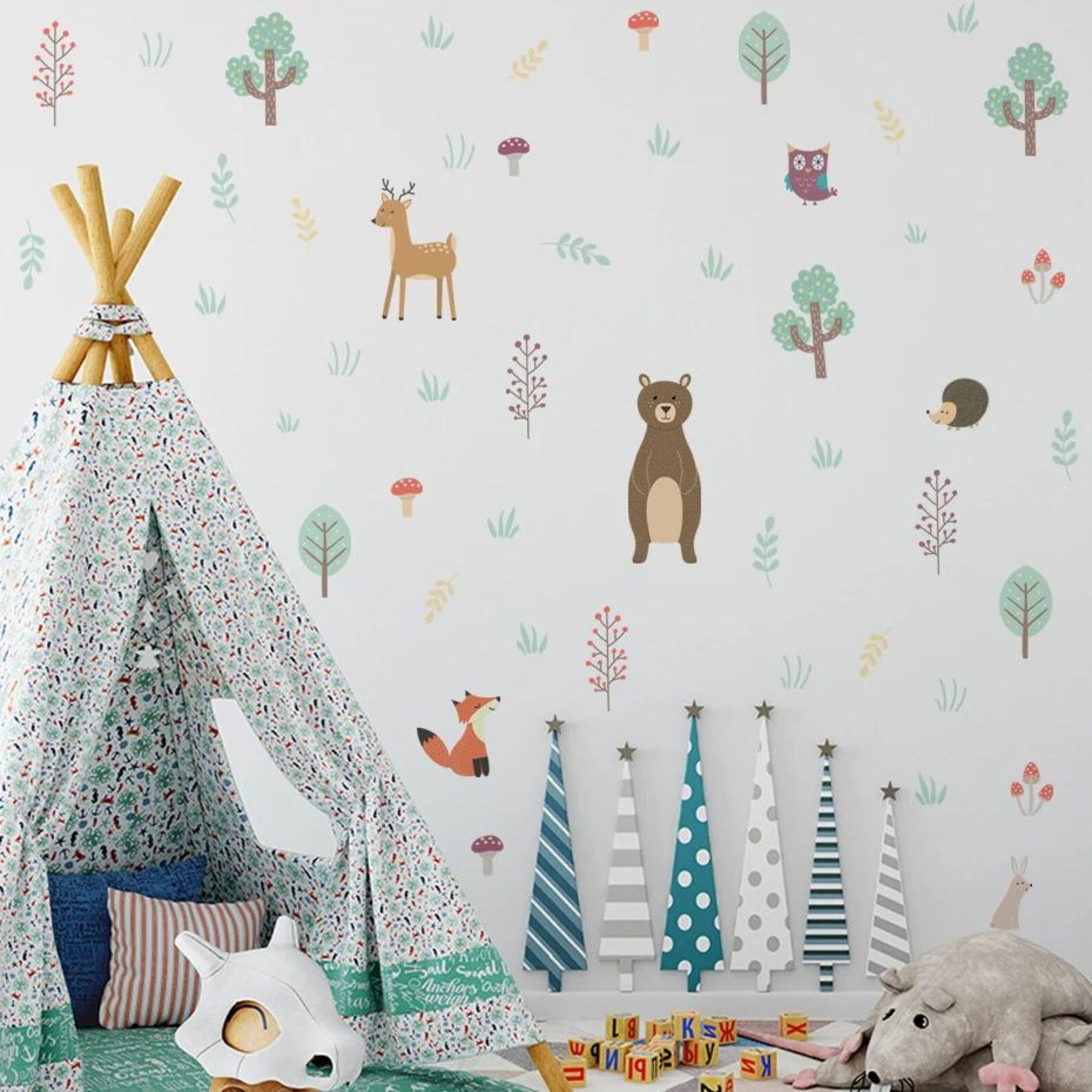 Woodland Animals Wall Decals, Nordic Cartoon Forest Stickers - Etsy