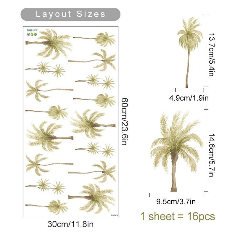 Palm Coconut Tree Green Watercolor Wall Stickers Vinyl Wall Decal Mural ...