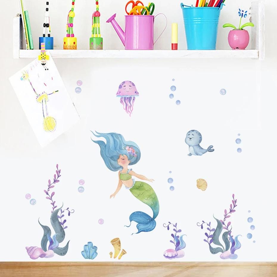 Cartoon Cute Mermaid Marine Seaweed Nursery Watercolor Wall Stickers ...