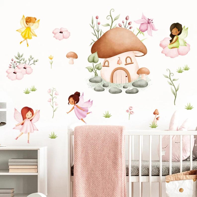 Fairy Elves Wall Decals: Watercolor Mushroom House, Nursery Decor - Etsy