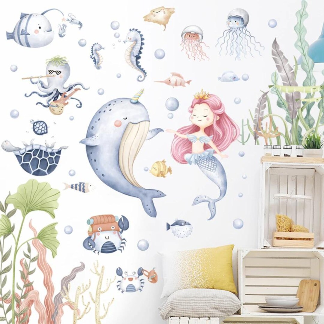 Mermaid Nursery Wall Decals, Cute Cartoon Marine Life Stickers - Etsy