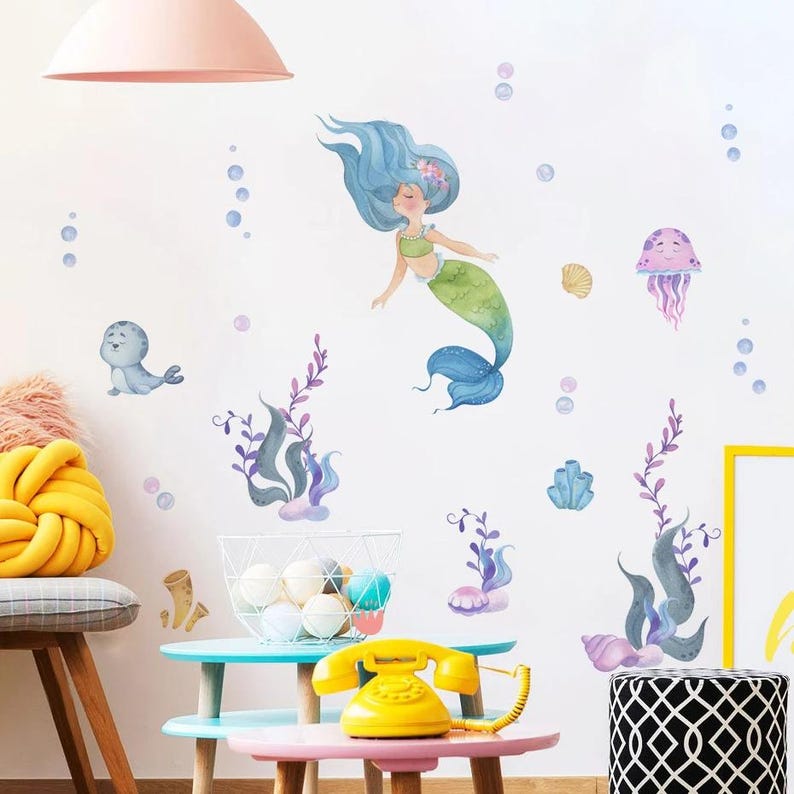 Cartoon Cute Mermaid Marine Seaweed Nursery Watercolor Wall Stickers ...