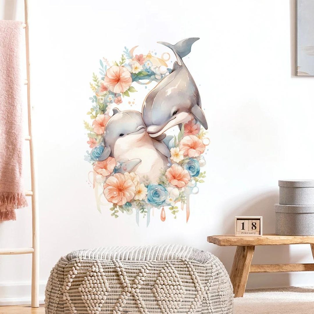 Watercolor Cartoon Flowers Dolphins Wall Sticker Door Home Decor Living ...