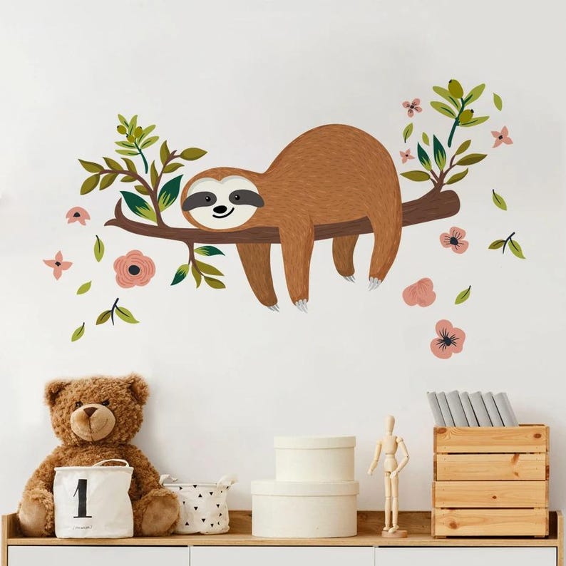 Cartoon Cute Sloth on Tree Animal Watercolor Wall Sticker Vinyl Baby ...