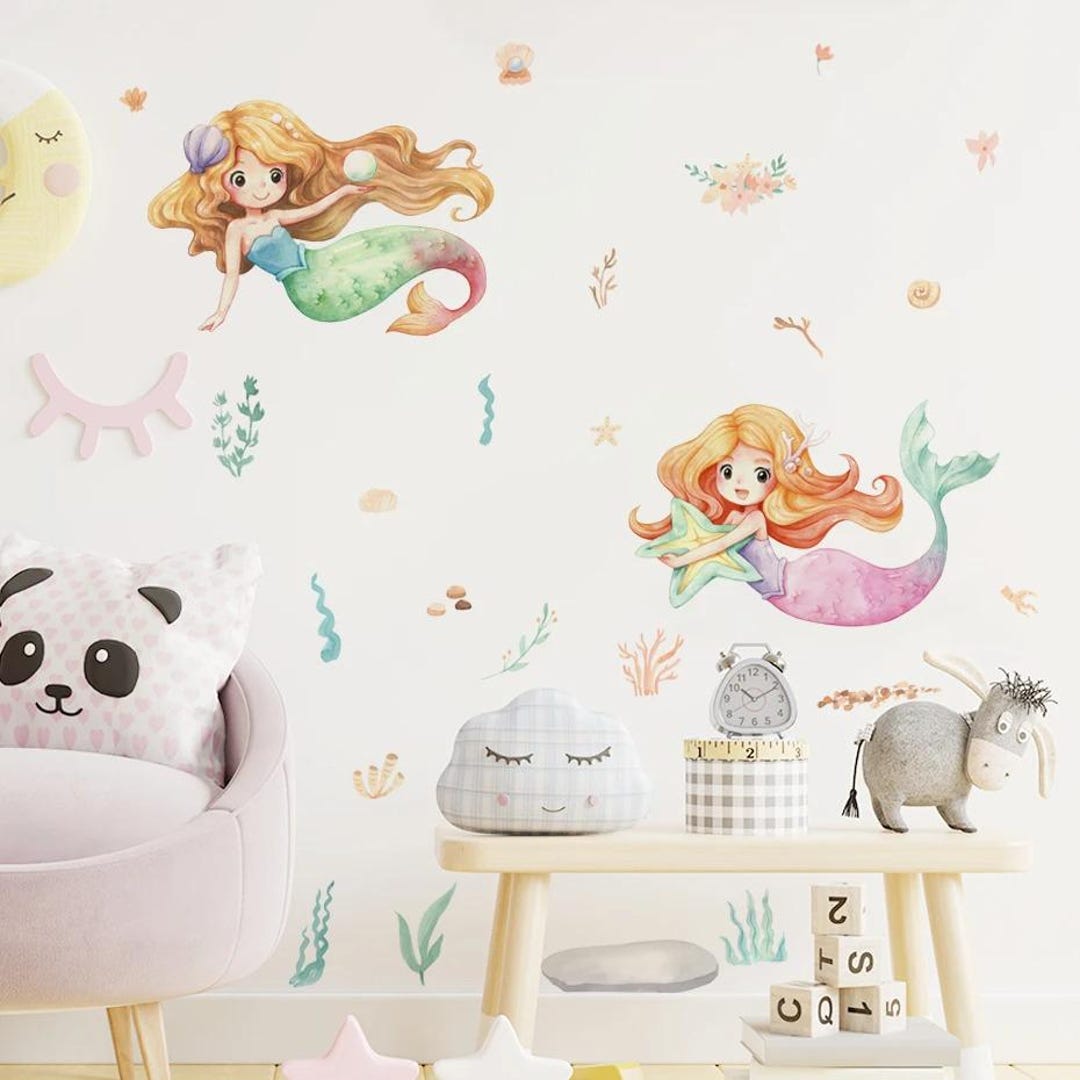 Cartoon Cute Ocean Mermaid Marine Seaweed Stone Watercolor Nursery Wall ...