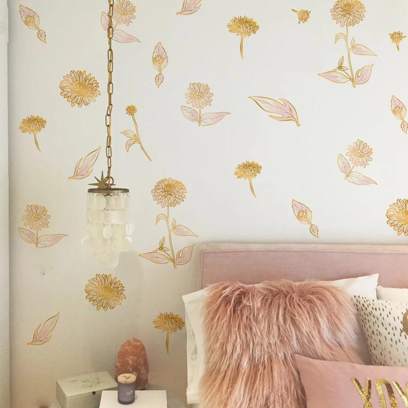 Golden Leaves Flowers Hand Drawn Wall Stickers Vinyl Nursery Wall ...