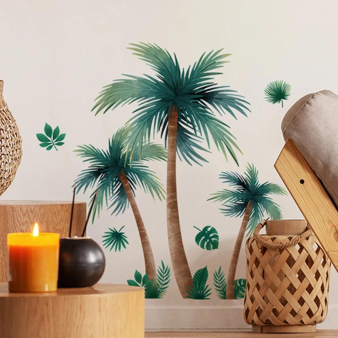 Watercolor Coconut Tree Palm Tree Beach Landscape Wall Stickers for ...