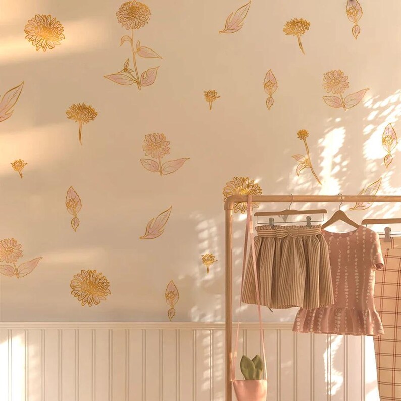 Golden Flowers Wall Decals, Hand Drawn Nursery Decor - Etsy