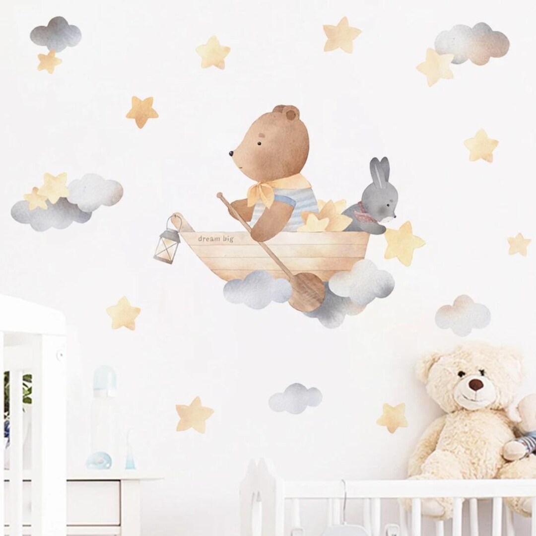 Cartoon Bear Rowing Stars Clouds Wall Stickers for Kids Room Baby ...