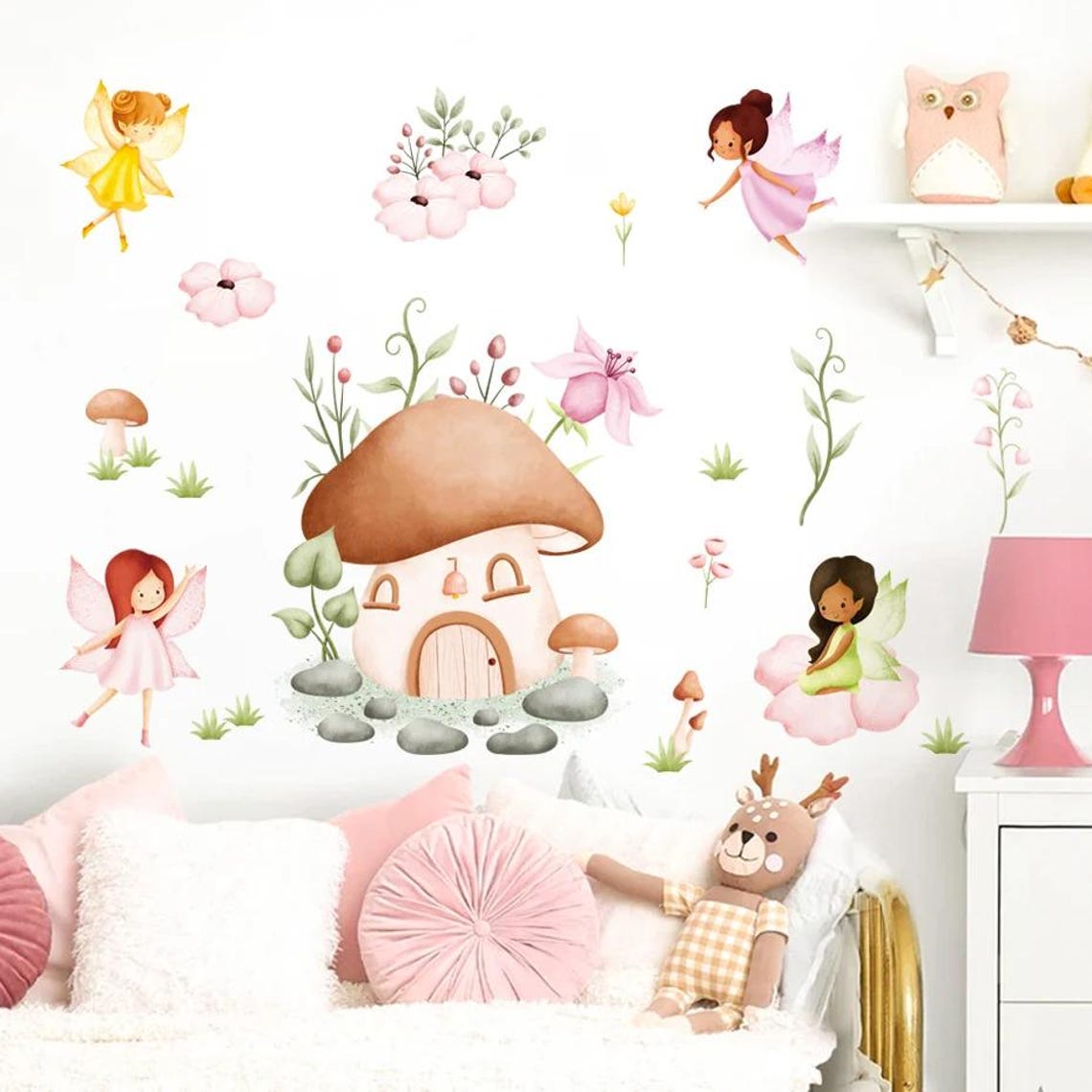 Fairy Elves Wall Decals: Watercolor Mushroom House, Nursery Decor - Etsy