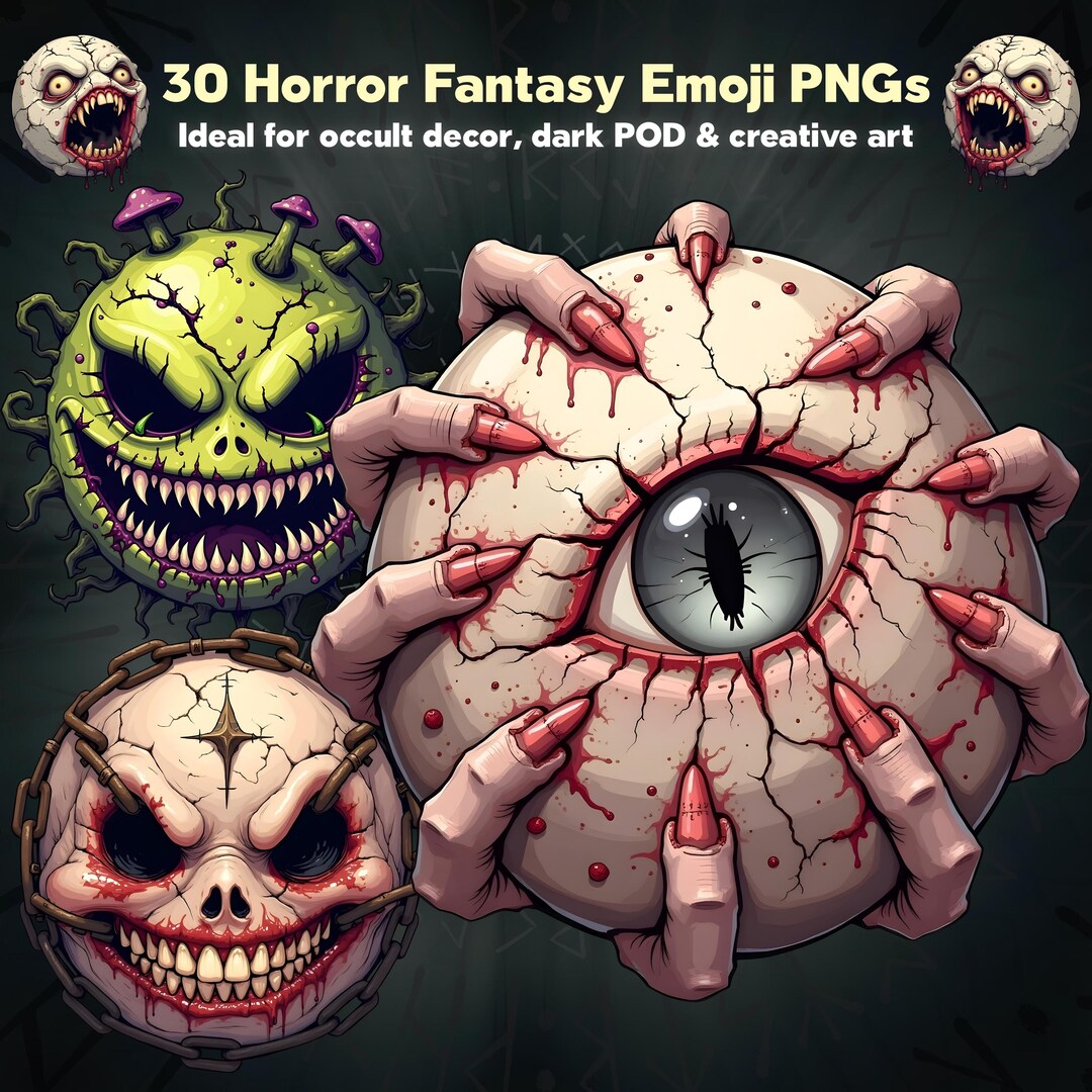 Horror Dark-fantasy Emoji PNG Bundle | Creepy Emoticon Illustrations ...