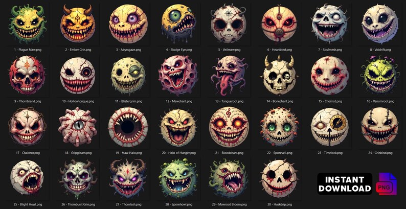 Horror Dark-fantasy Emoji PNG Bundle | Creepy Emoticon Illustrations ...