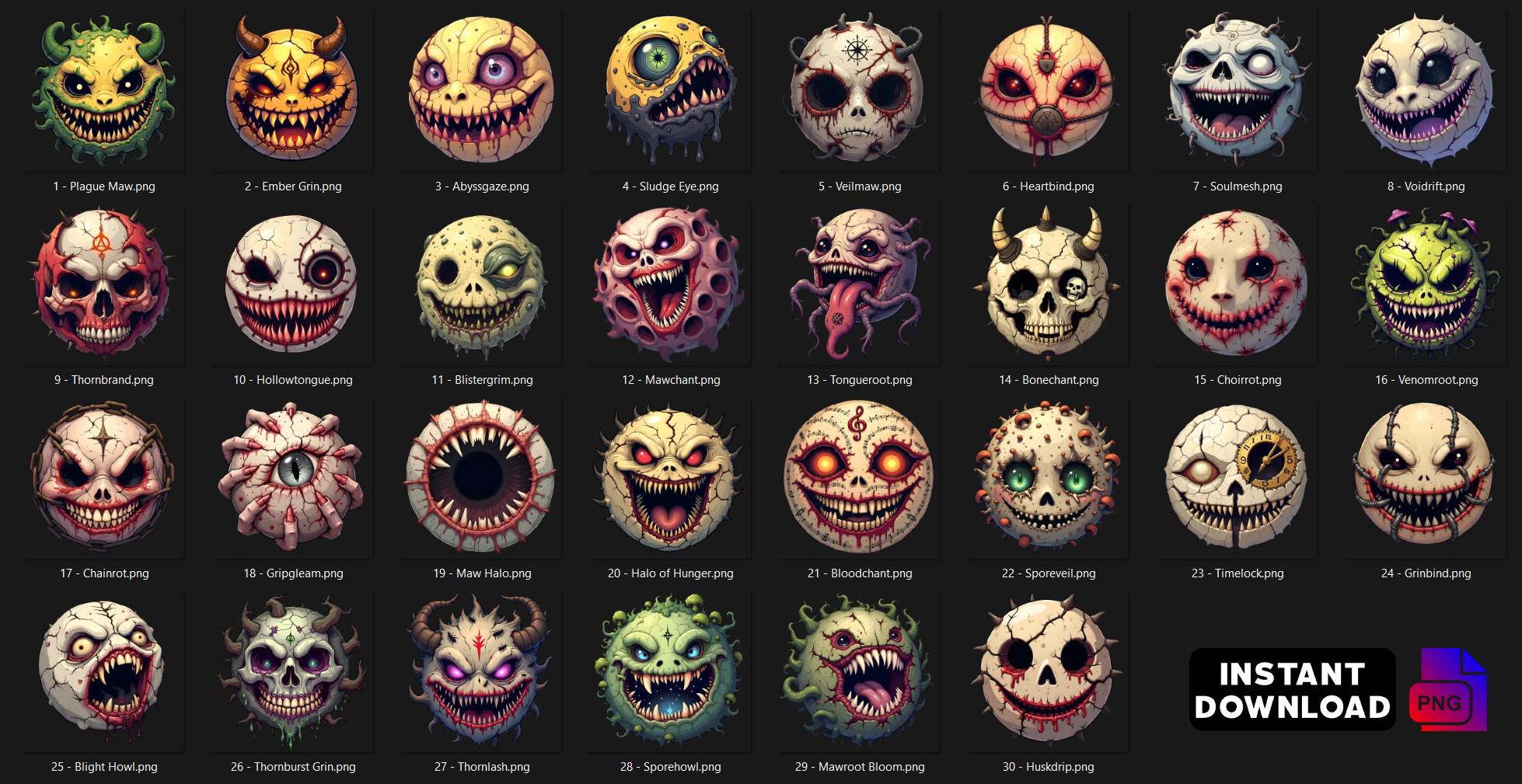 Horror Dark-fantasy Emoji PNG Bundle | Creepy Emoticon Illustrations ...