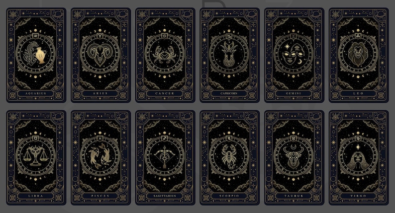 Printable Black & Gold Zodiac Tarot Deck | 12 Oracle Cards (PNG ...