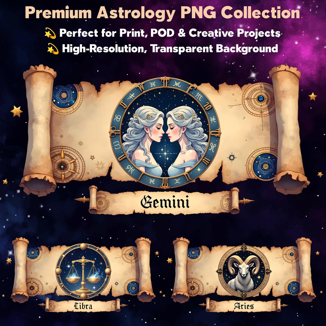 European Zodiac PNG Design Bundle, 12 Astrological Signs Clipart ...