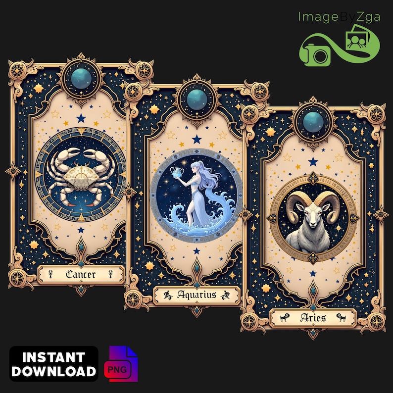 Printable Celestial Zodiac Tarot Deck | 12 Astrology Cards (PNG ...
