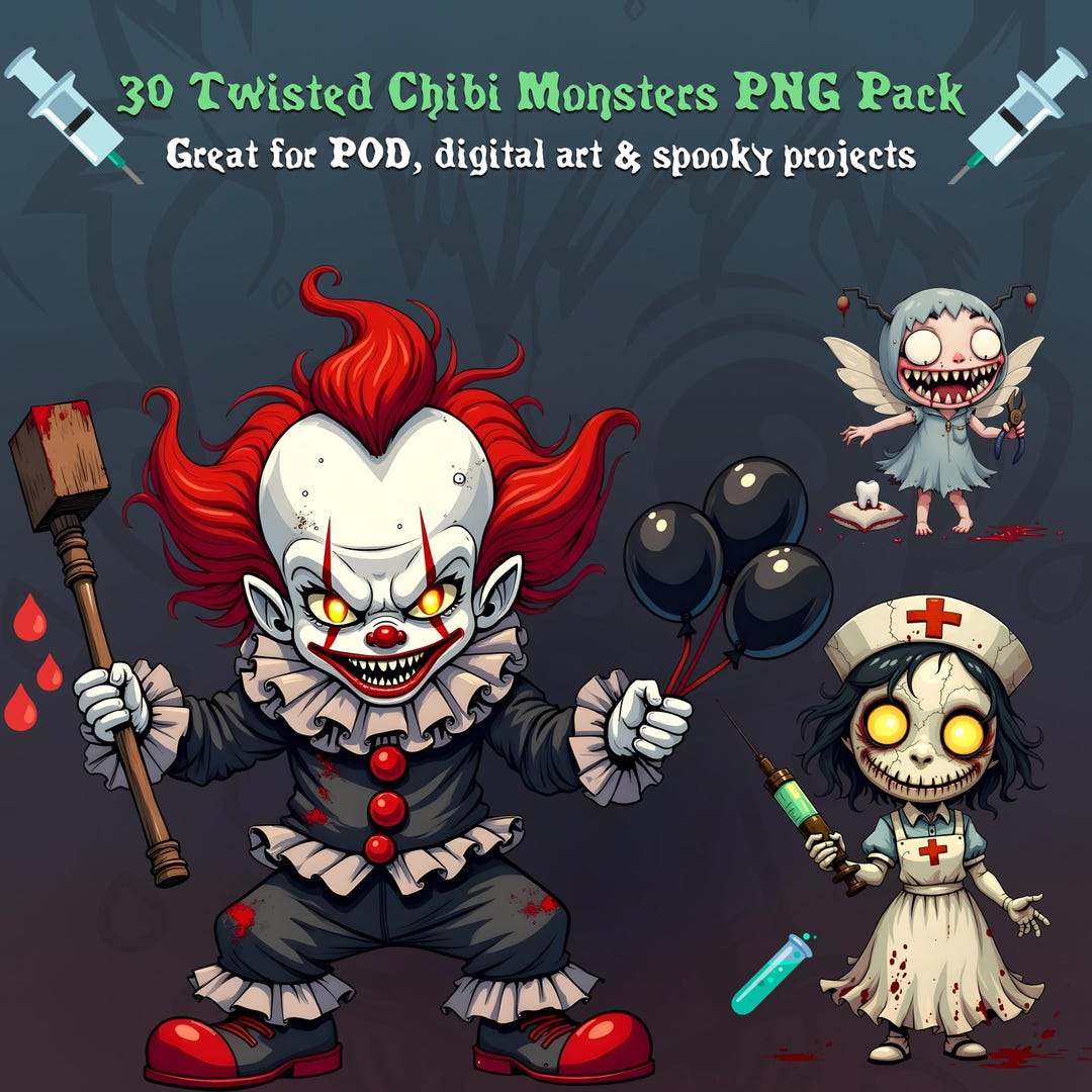 Gothic Horror Chibi Characters PNG Bundle | Creepy Cute Illustrations ...