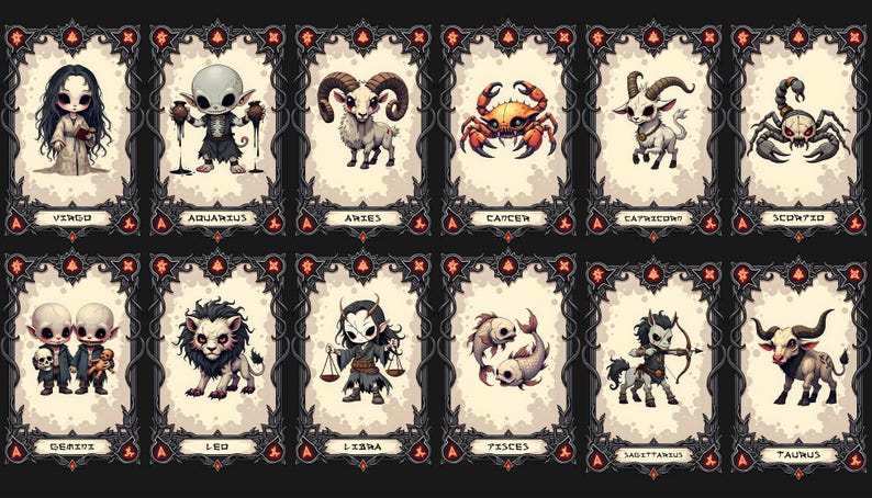 Gothic Zodiac PNG Bundle, 12 Creepy Tarot Card Art, Horror Clipart ...