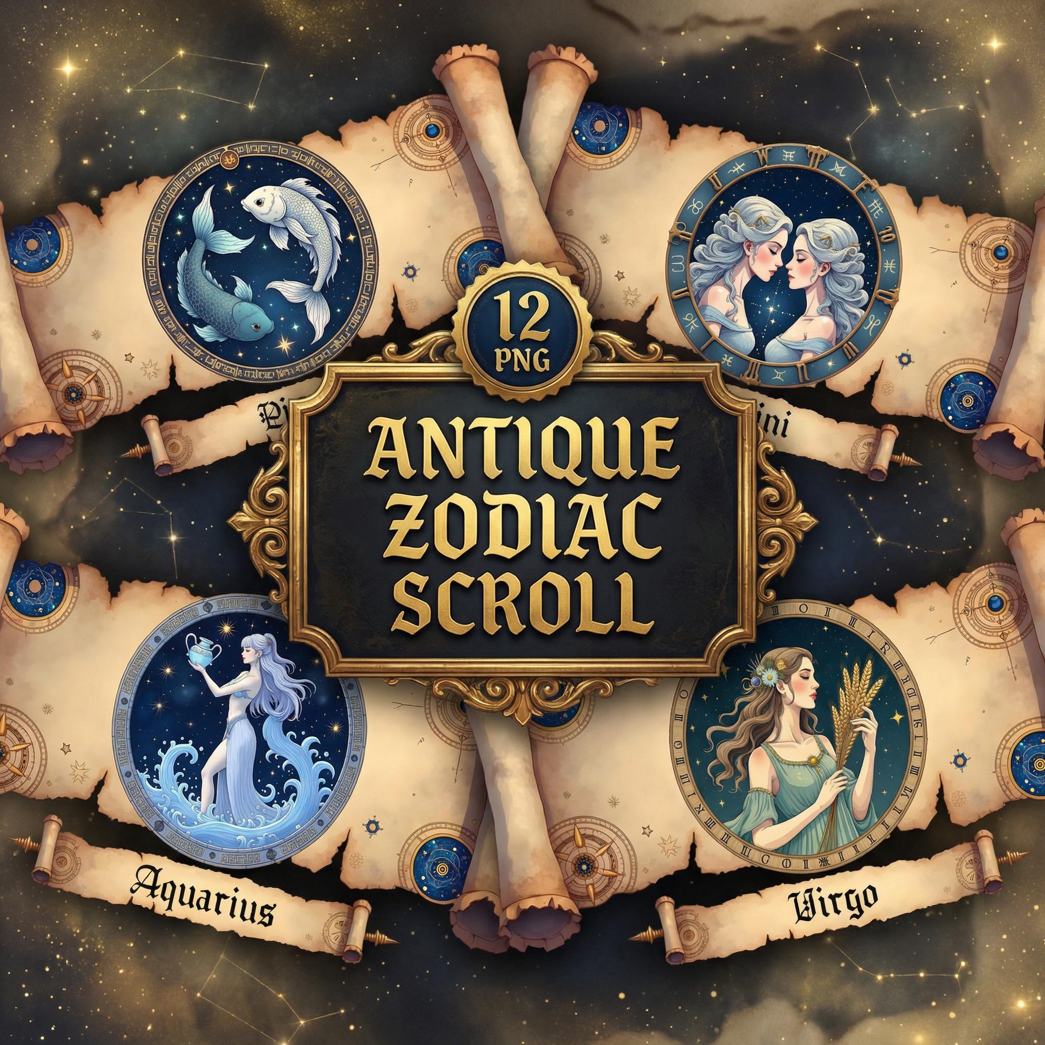 Antique Scroll Zodiac Clipart Set | 12 PNG Astrology Designs (PNG ...