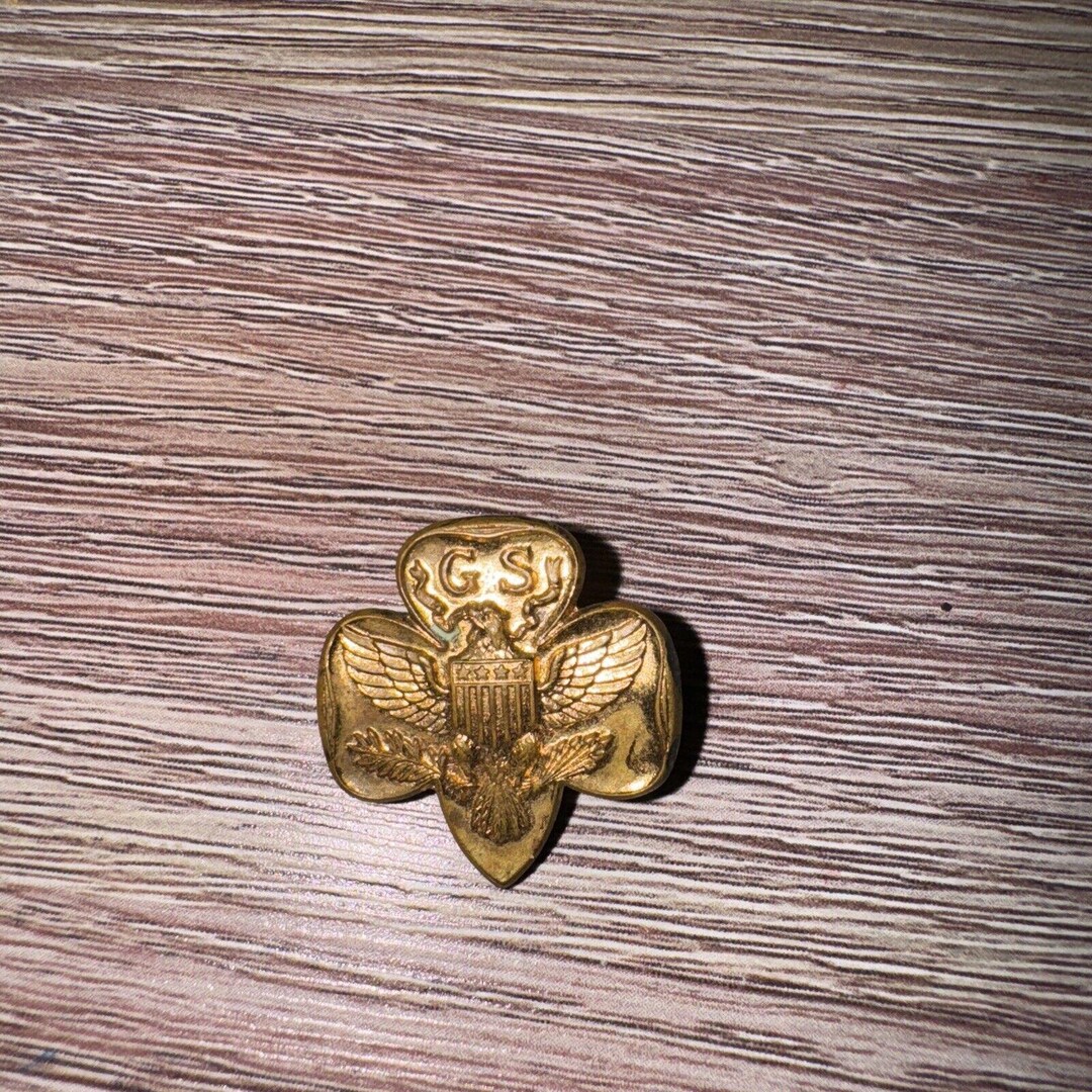VTG Girl Scouts Trefoil Pin Pinback Bald Eagle Shield Gold Tone ...