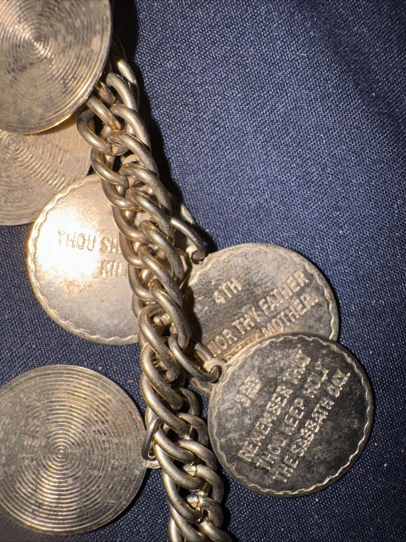 Vintage Gold Tone Ten Commandments Buttons Bracelet Bible Easter 7 S2 ...