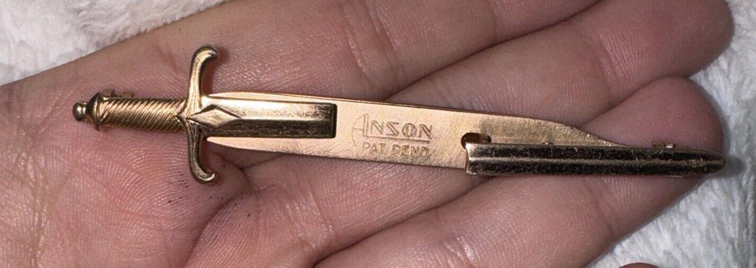 Vintage Anson Sword Pierced Magic Tie Clasp Pin Clip Gold Tone Signed ...
