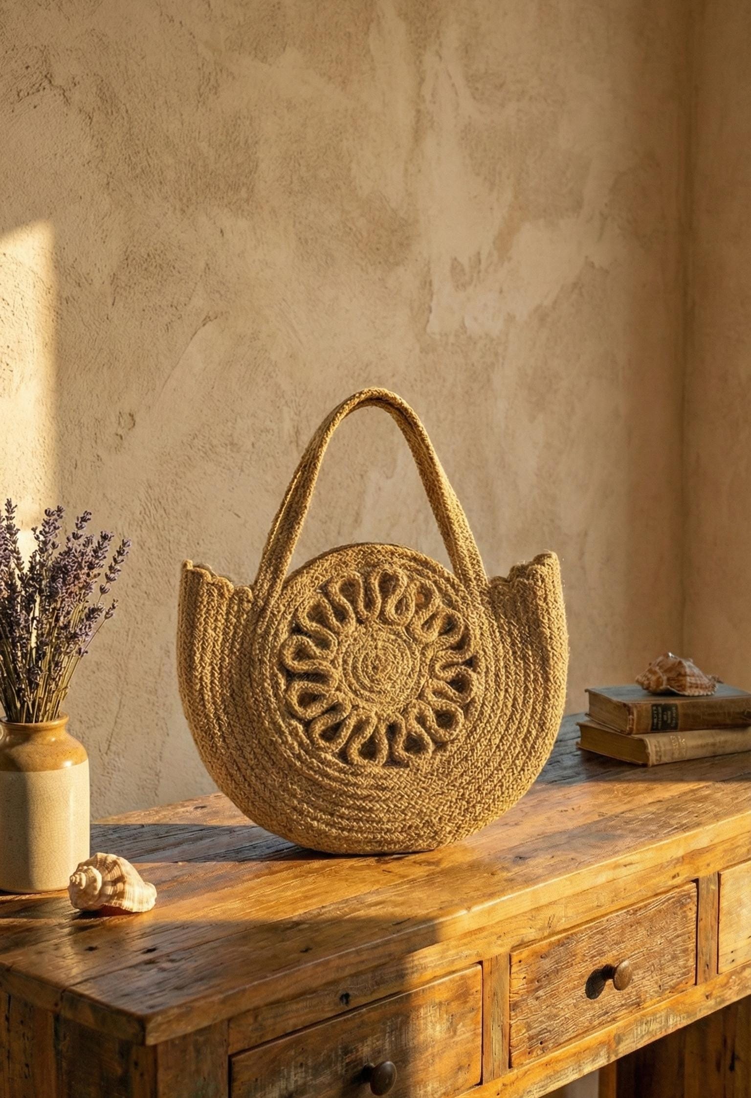 Round Jute Bag With Sun Motif, Handmade Boho Straw Tote, Summer Beach ...