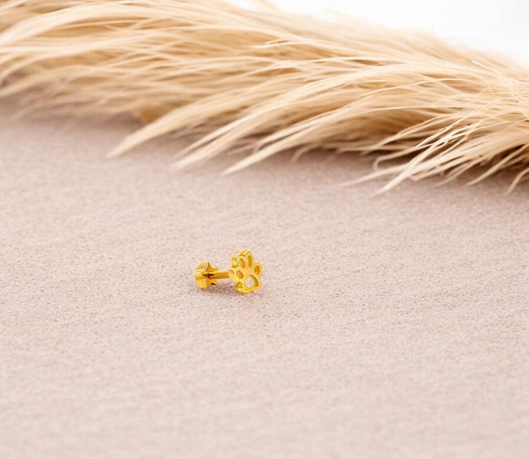 14K Solid Gold Paw Piercing, Solid Gold Piercing, Earring Piercing ...