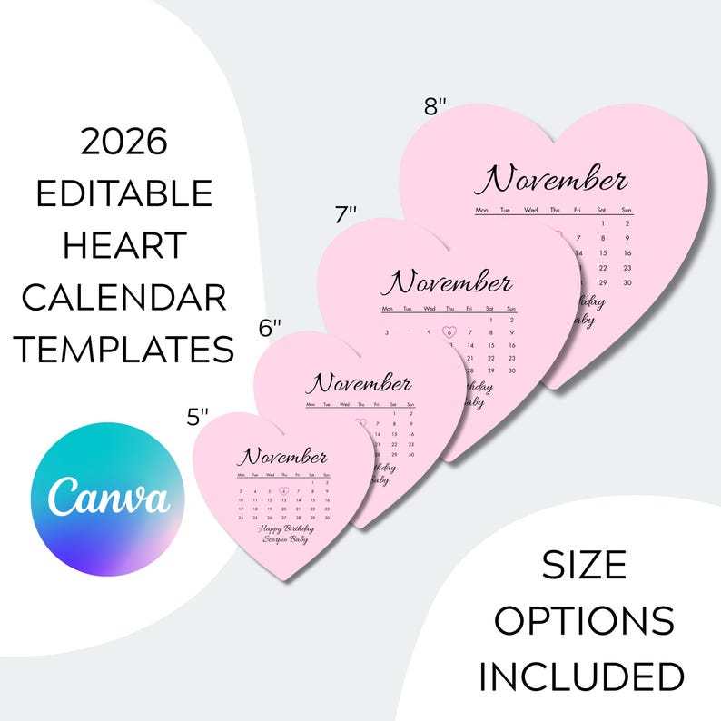 Calendar Heart Cake Editable Template 2026 - Etsy