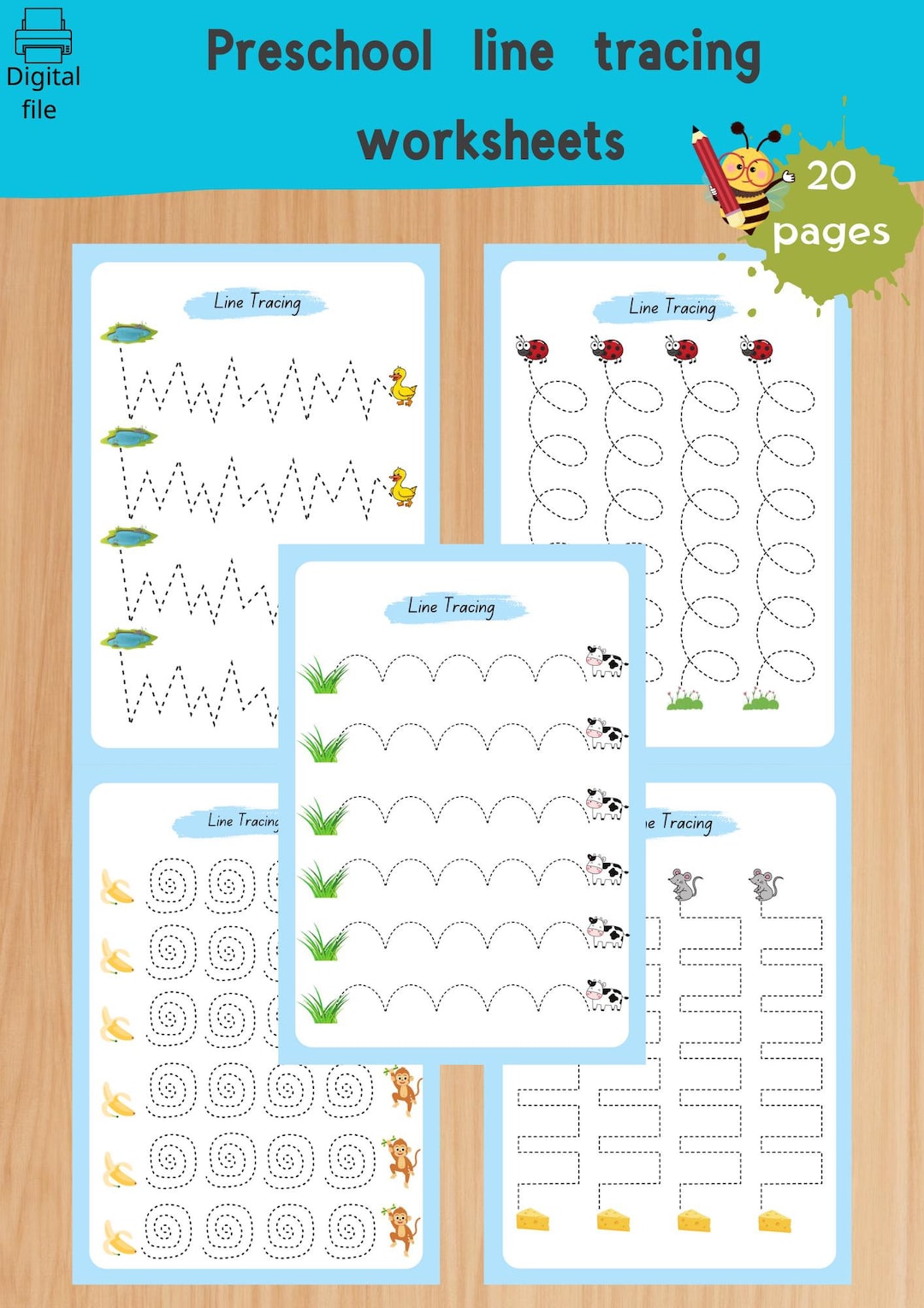 Preschool Line Tracing Worksheets Bundle, Line Trace Page Printable ...