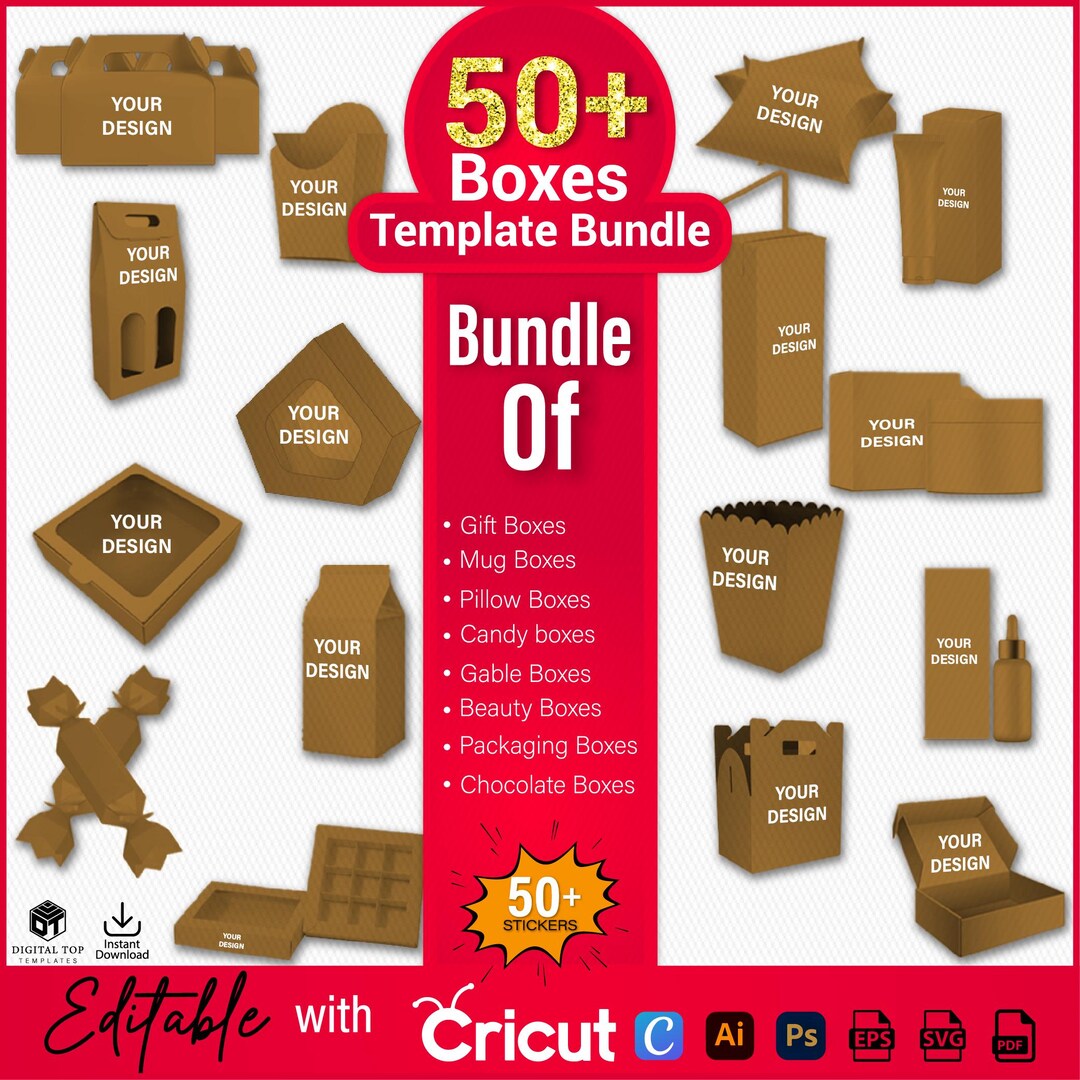50+boxes Bundle, Boxes Template, Boxes Svg, DIY Boxes , Custom Editable ...