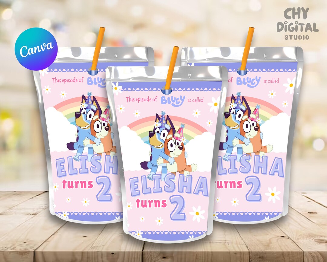 Editable Pink Girl Blue Capri Sun Label, Girl Bluey and Bingo Party ...