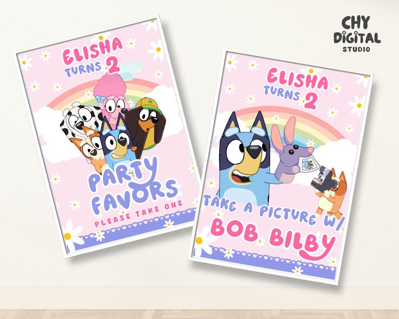 Editable Pink Bluey Party Signs Bundle, Girl Blue Dog Party Printable ...