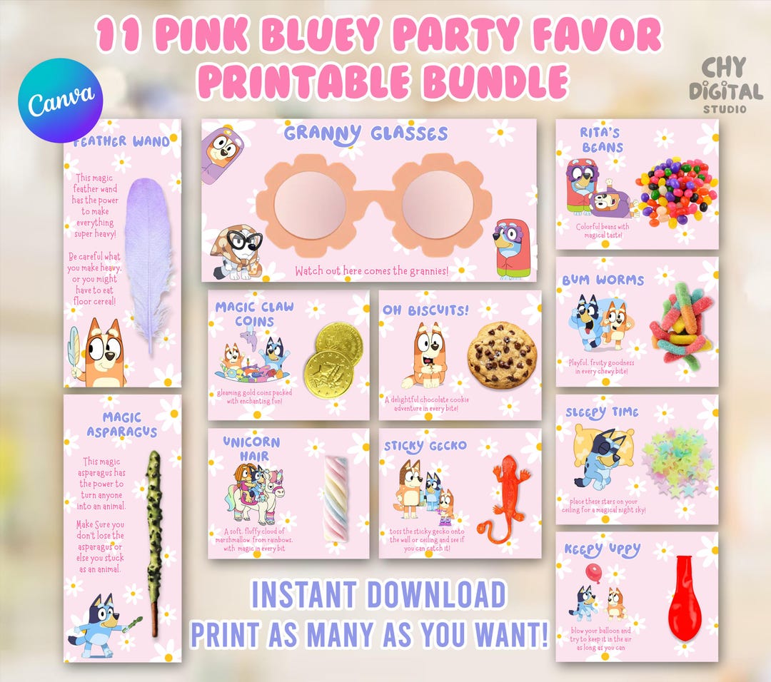 11 Pink Bluey Party Favors for Girl Printable, Birthday Party Treat ...