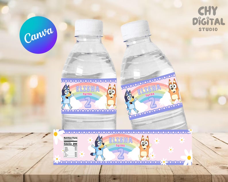 Editable Pink Girl Bluey Water Bottle Label, Girl Bluey and Bingo Party ...