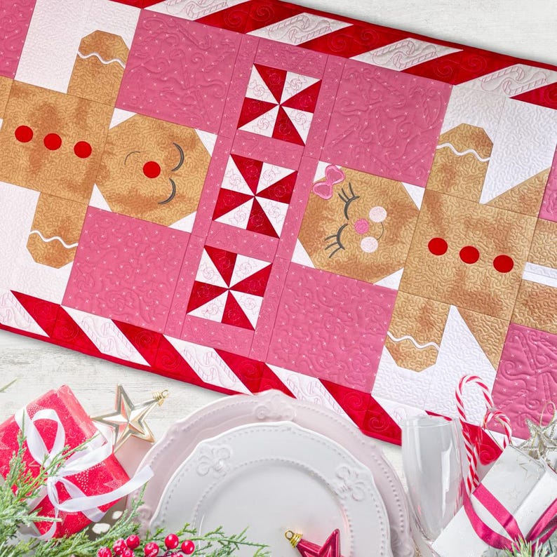 Gingerbread Christmas Table Runner Quilt In-the-hoop Machine Embroidery Design DIY Set - Etsy