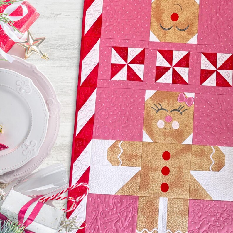 Gingerbread Christmas Table Runner Quilt In-the-hoop Machine Embroidery Design DIY Set - Etsy
