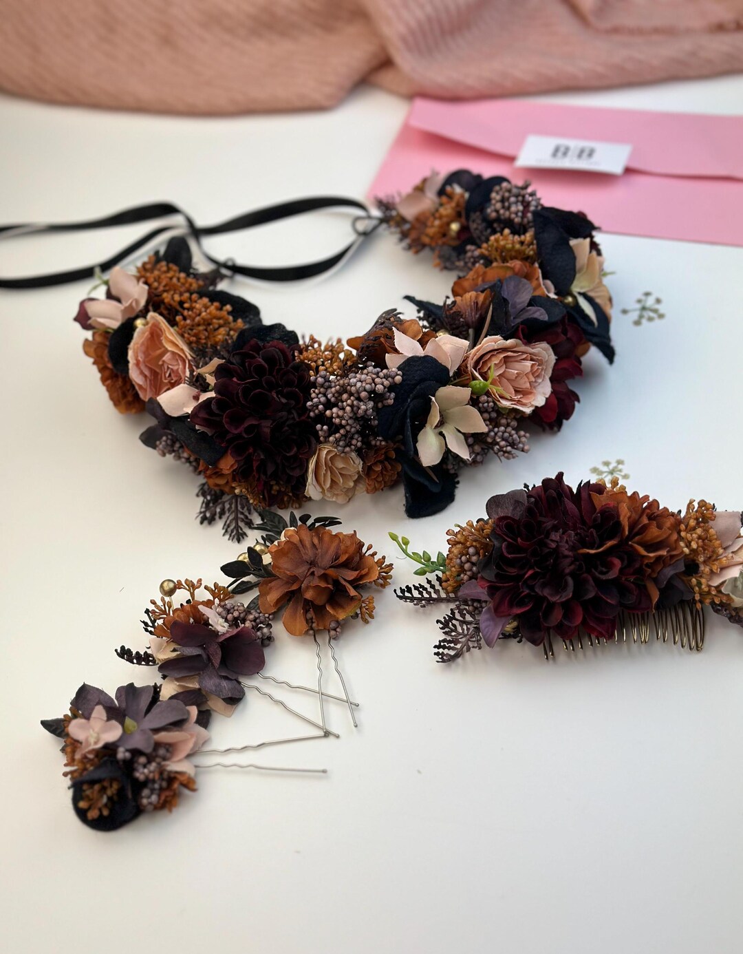 Burgundy Ivory Rust Flower Crown Hair Pin Set Hair Comb Bridal Flower ...