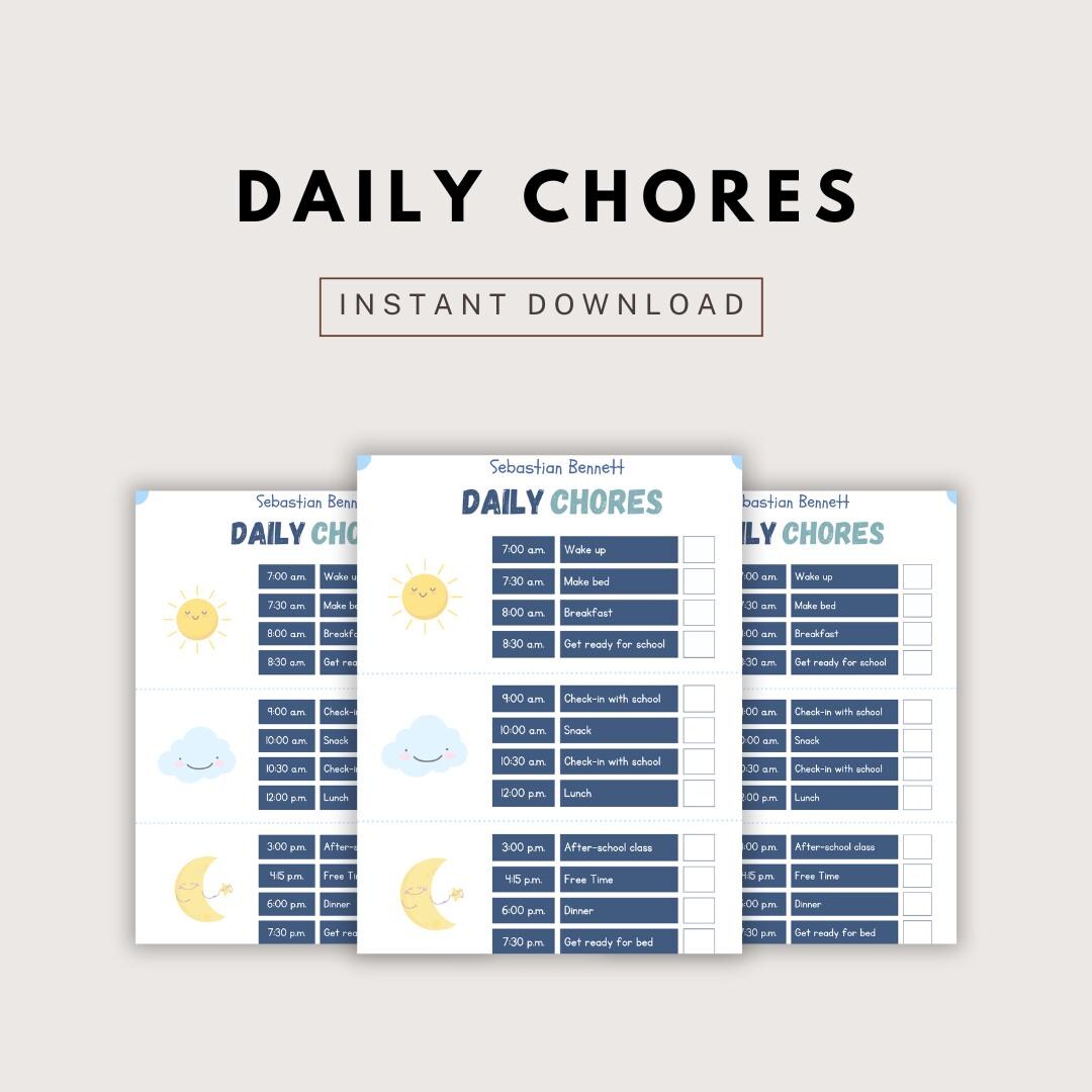 Printable Blue Chore Charts Planner, Eye-catching A4 PDF for Easy ...