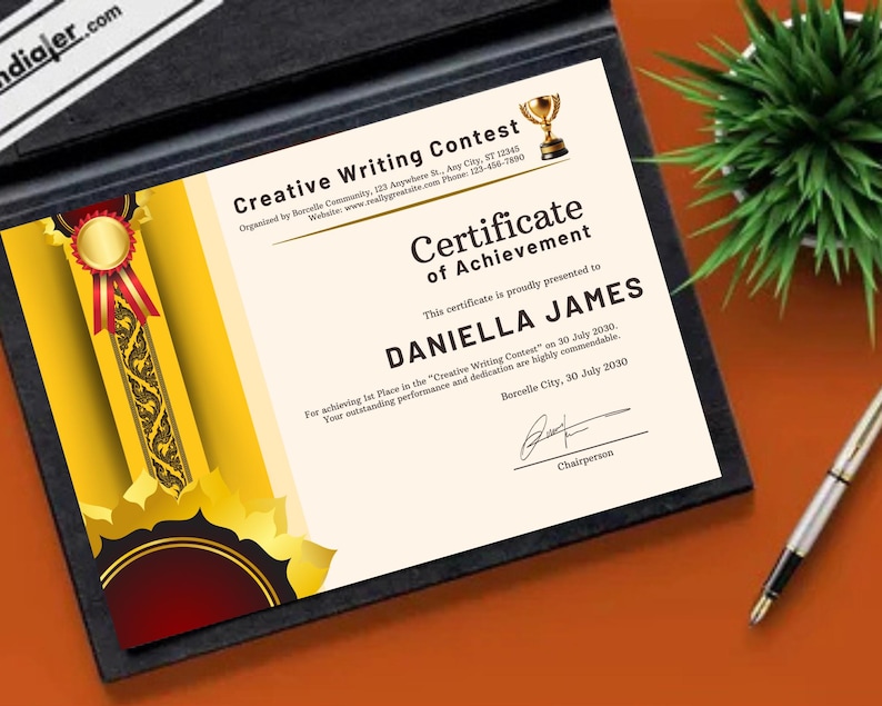 Editable Certificate of Achievement Template, Creative Writing Award ...