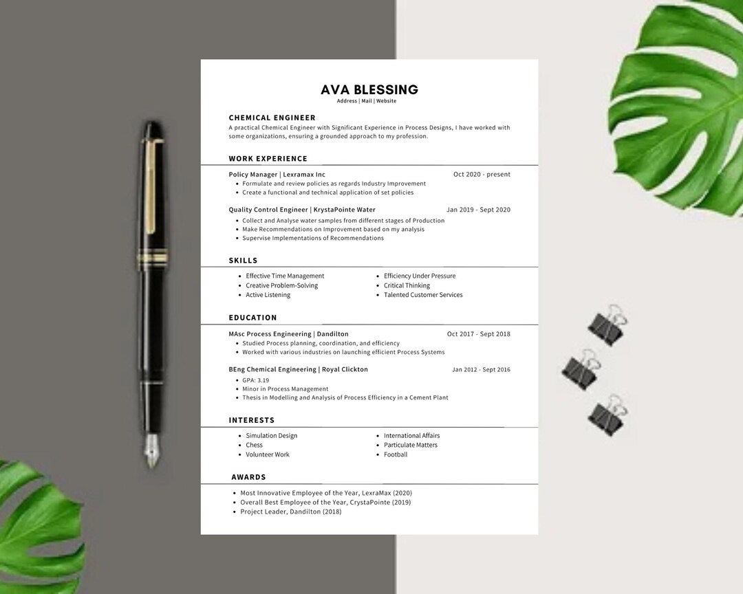Modern Chemical Engineer Resume Template, Editable CV Design, Professional Resume Format, Resume ...