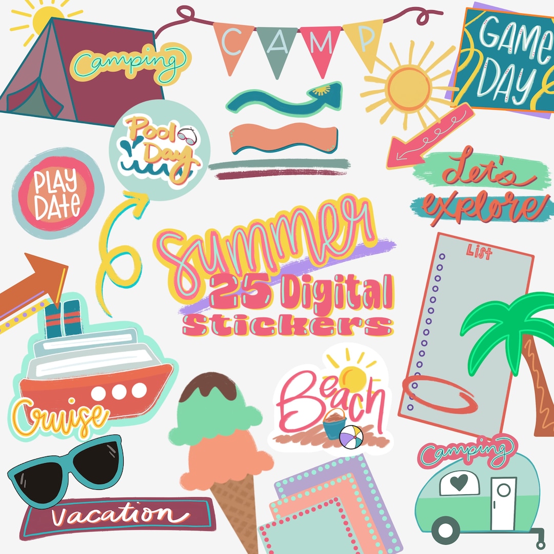 Summer Themed Digital Stickers - 25 Hand Drawn Stickers, Goodnotes File ...