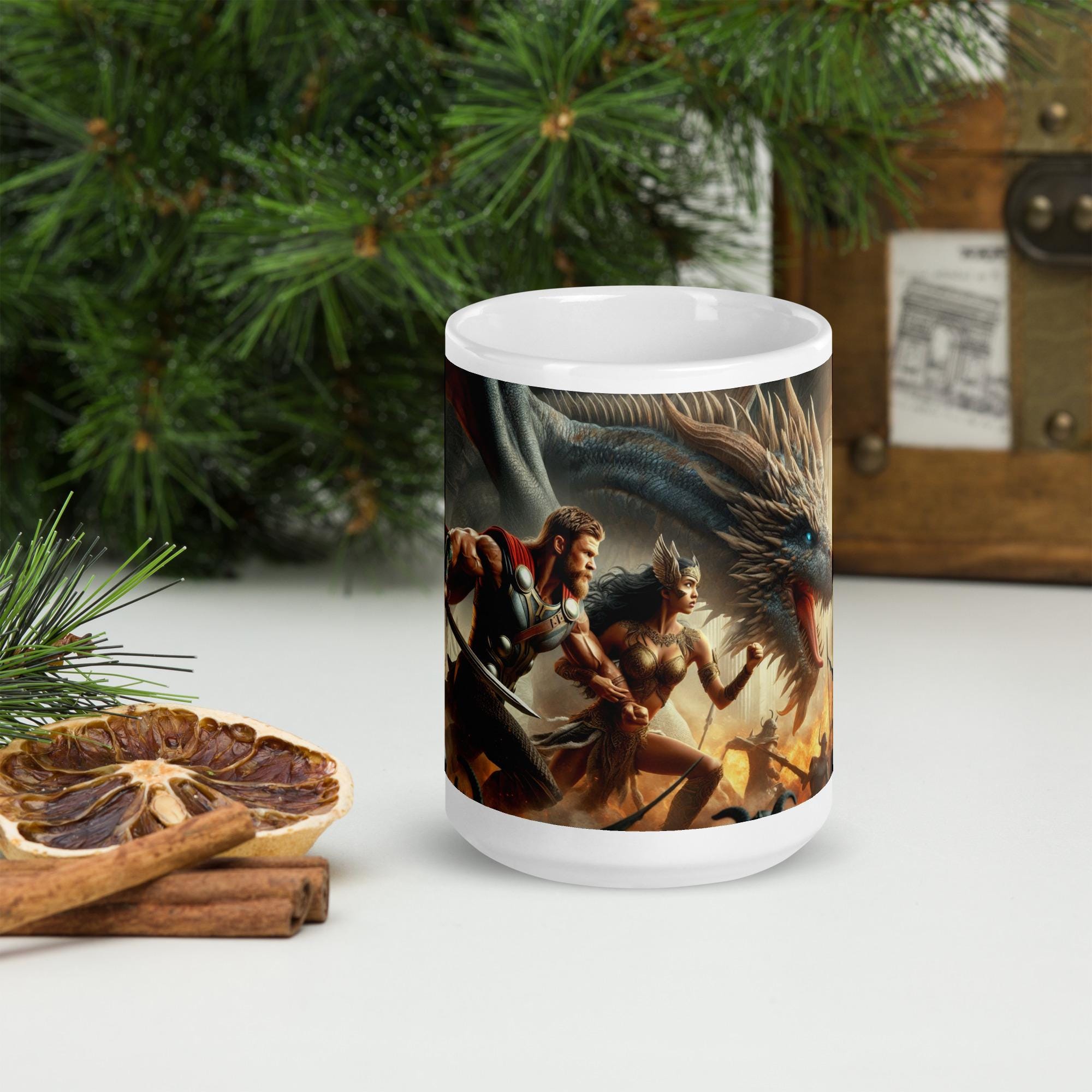 Thor Mug With Amazonian and Dragon in Battle White Glossy Ceramic ...