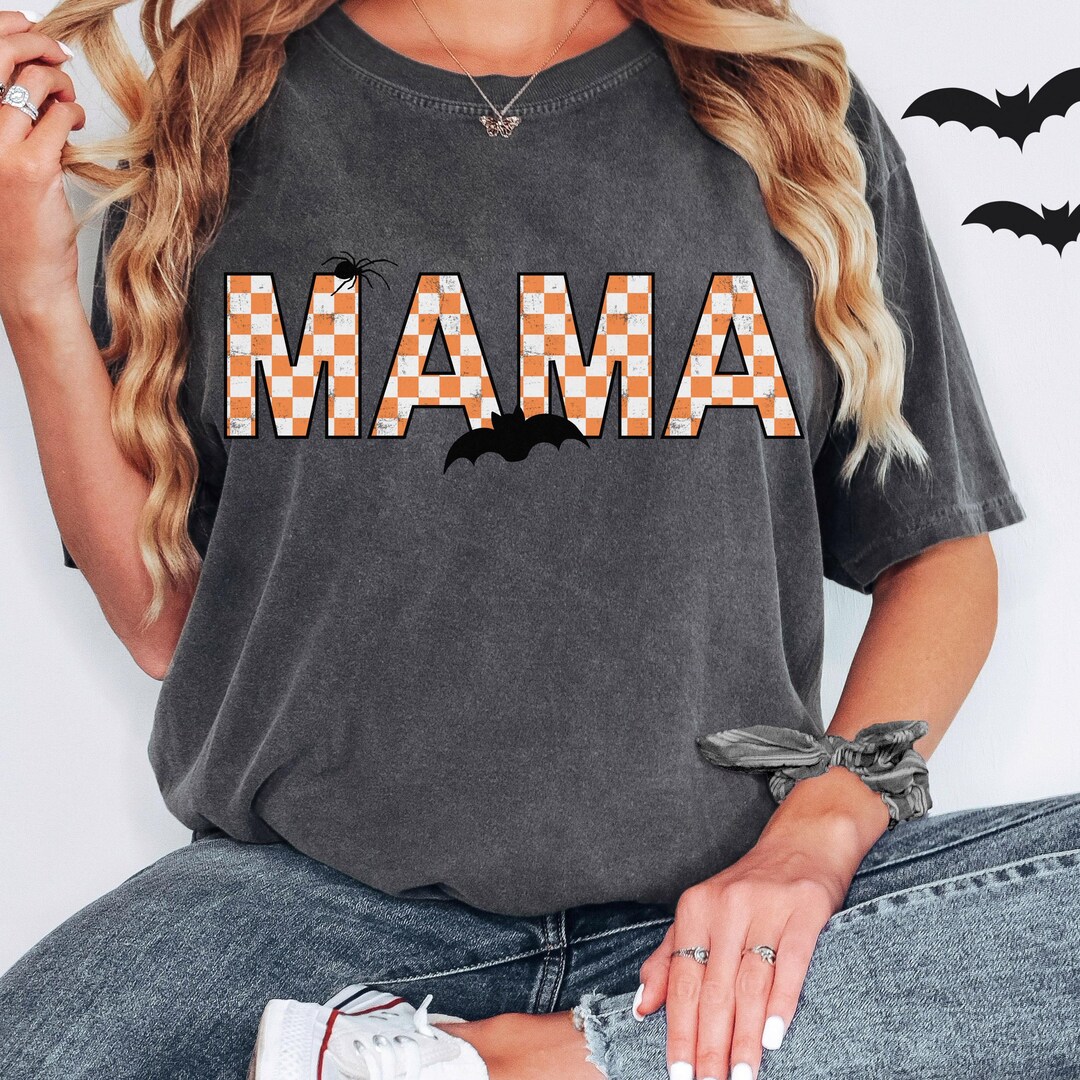 Mama Checkered Bats and Spiders Comfort Colors Halloween Tee Distressed ...