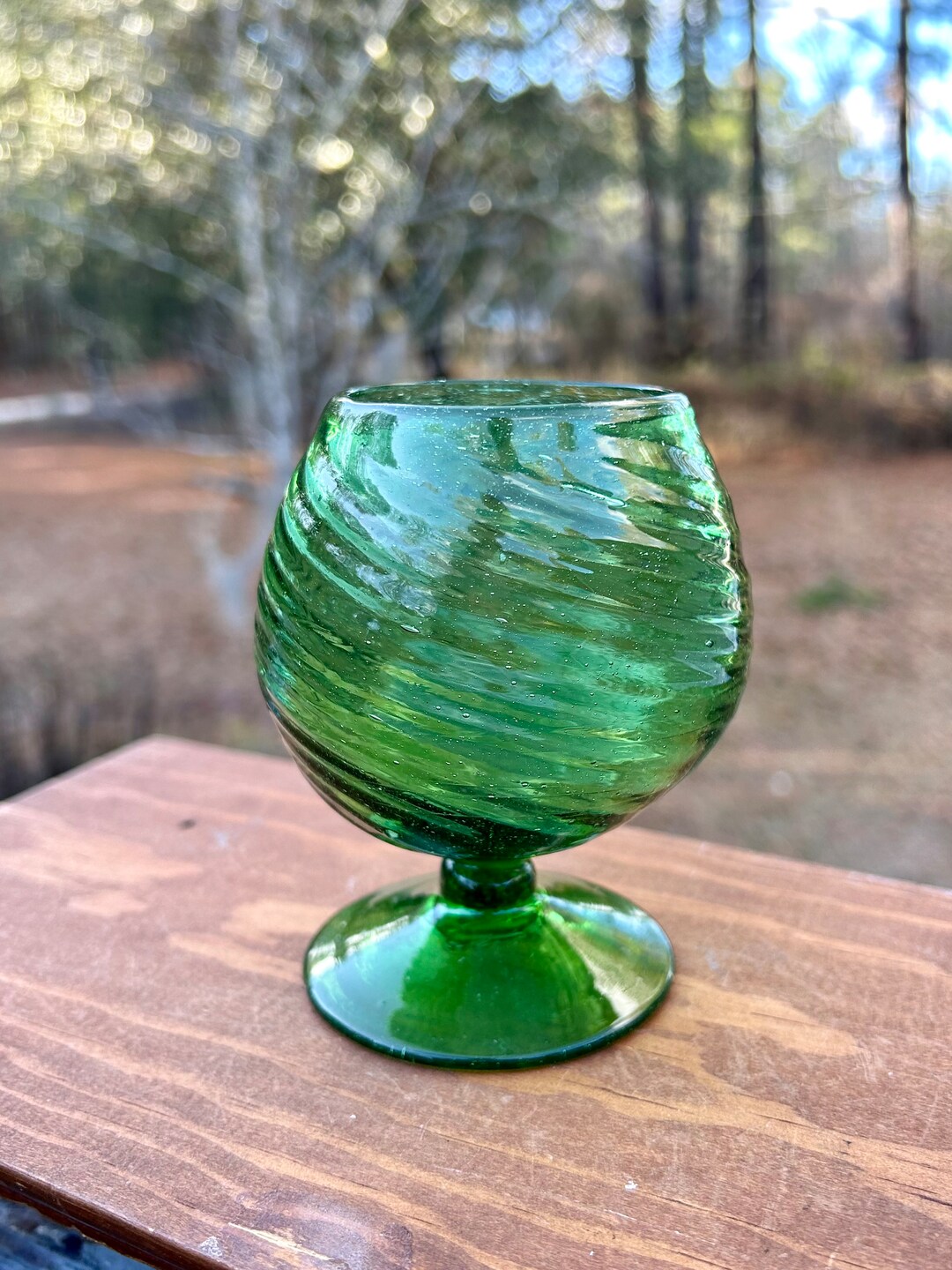 Hand Blown Green Glass Swirl Brandy Snifter Small In Size Air Bubbles Catches The Sun Rays