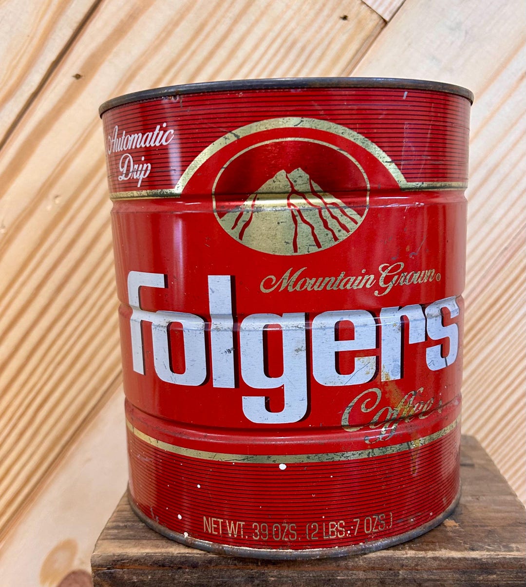 1984 Folgers Coffee Can Empty Red Tin Can Rustic Weathered Metal Patina ...