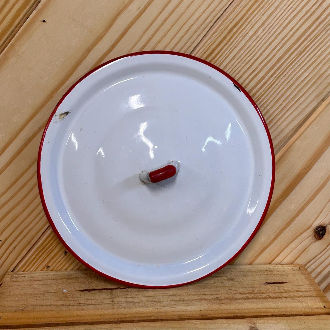 White and Red Enamel Pan Lid 8.75 Inch White and Red Enamelware Pot Lid ...