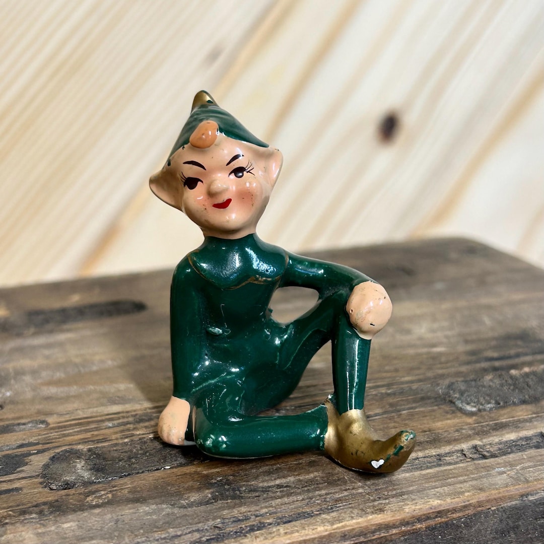 Green Pixie Posing for a Pic Pointy Ears Rosy Red Cheeks Elf Figurine ...