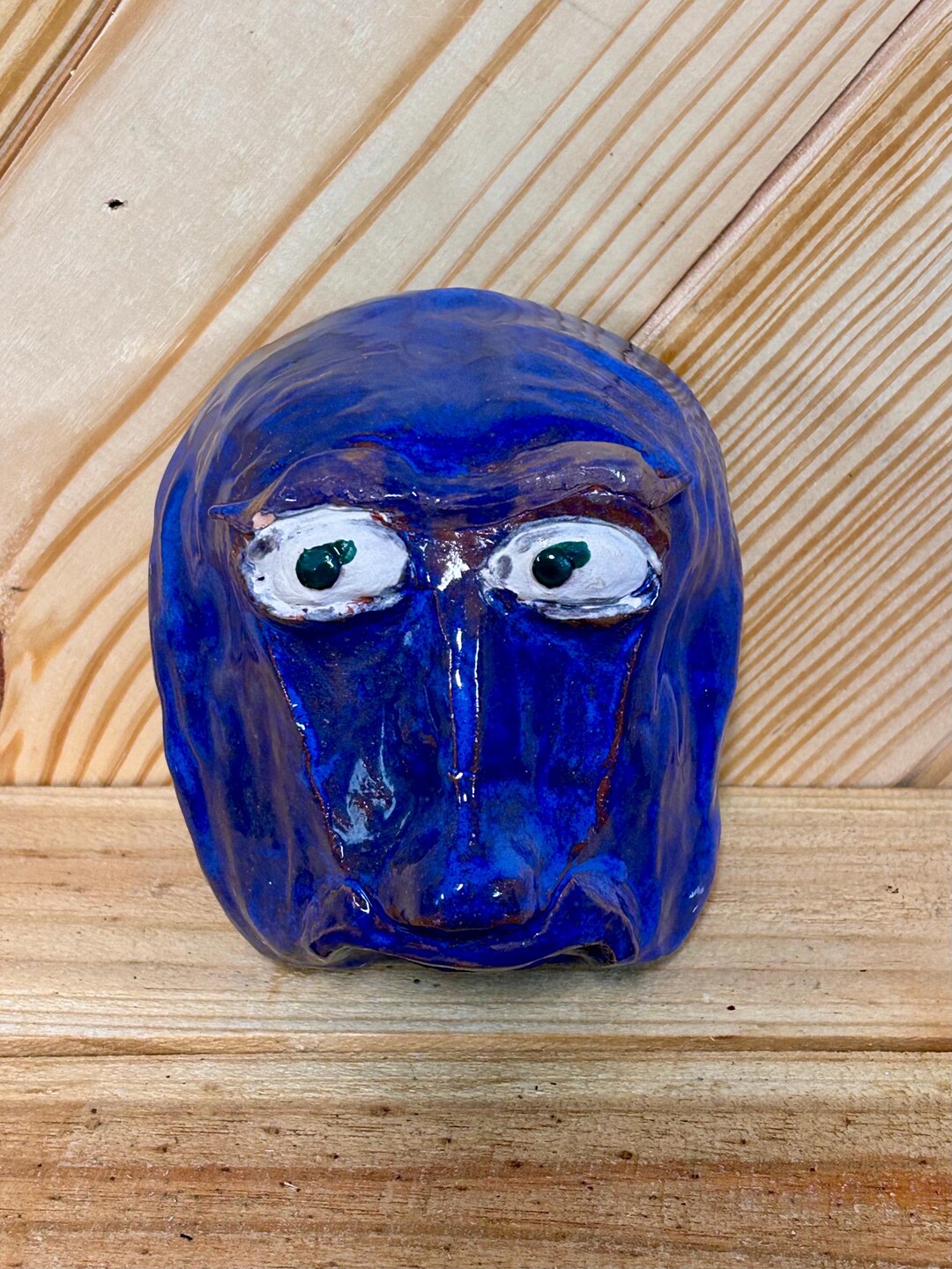 Bright Blue Ugly Face Wall Art Handmade Hobbyist Creative Clay Face Art ...
