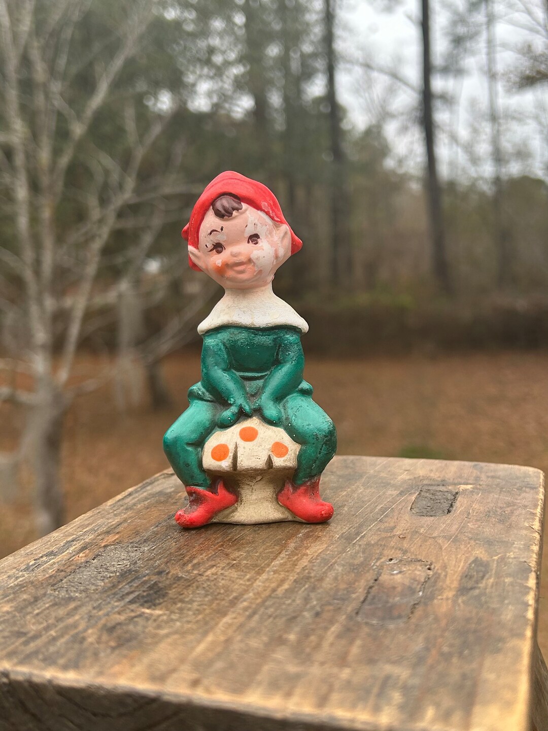 Pixie Sitting on a Mushroom Red Pointy Hat Rosy Red Cheeks Elf Figurine ...